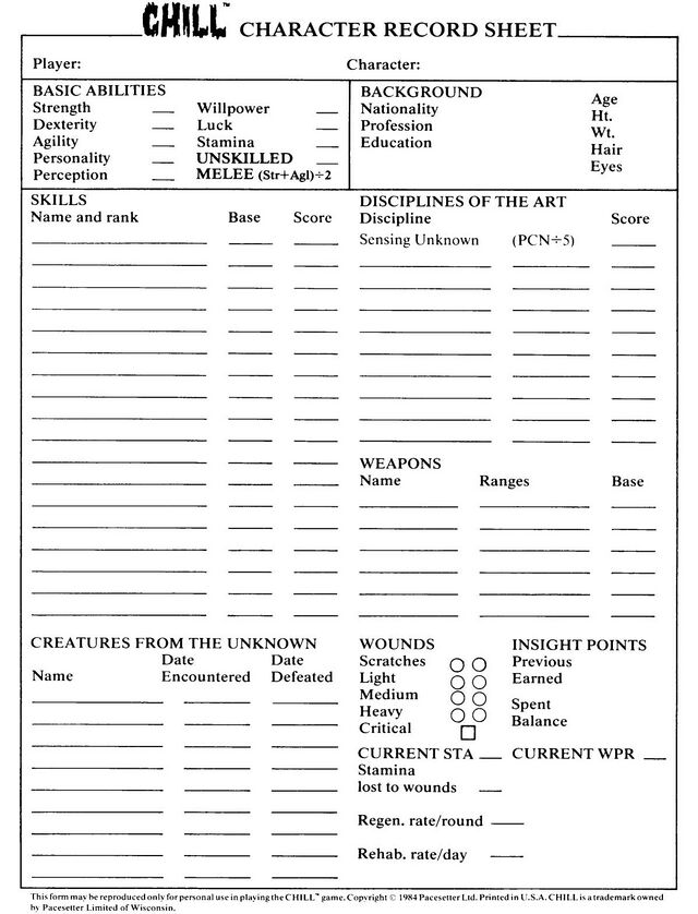 Chill Character Record Sheet - Chill