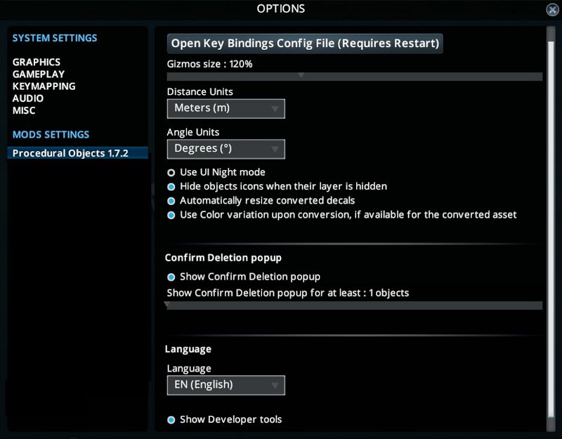 Settings panel - Procedural Objects